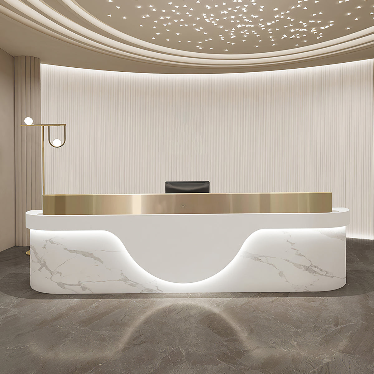 Stainless Steel Curved Front Reception Desk with Storage and LED Light ...