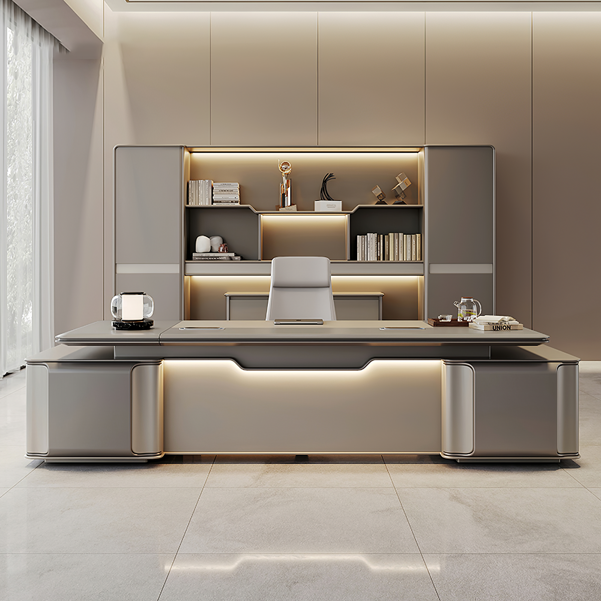 High-end Executive Office Desk for Boss with File Cabinet & Cable Box ...