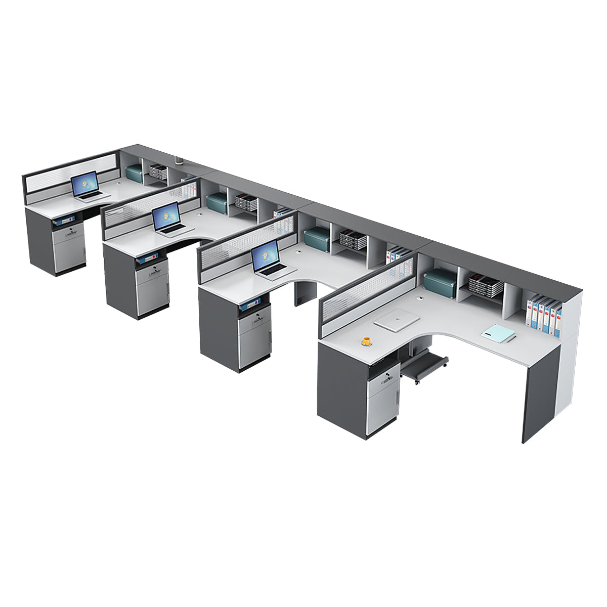 L-Shaped Employee Office Desk with Partition and Storage Cabinet ...