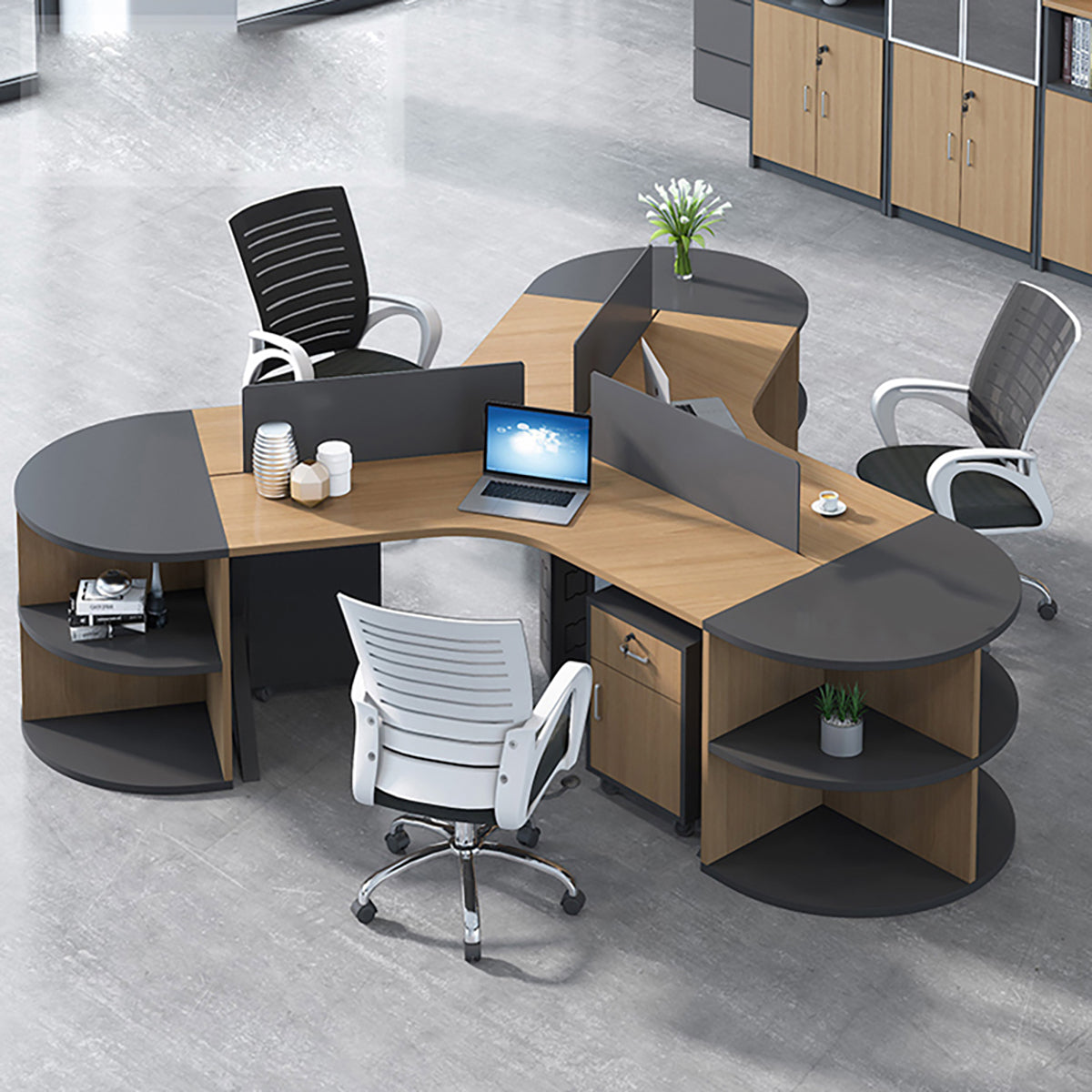 Employee Desk with Screen Divider and Semi-Circular Storage for Office ...