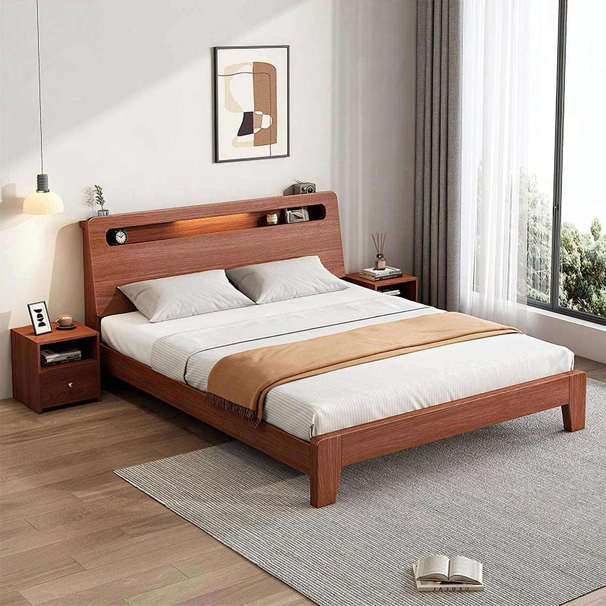 Solid Wood Bedroom Double Bed with Functional Headboard Design ...