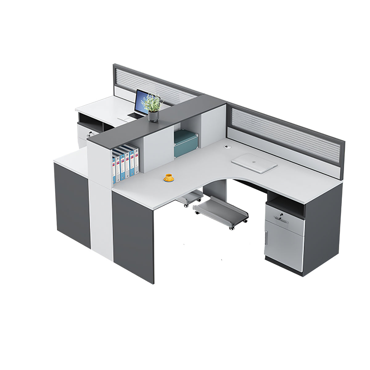 L-Shaped Employee Office Desk with Partition and Storage Cabinet ...