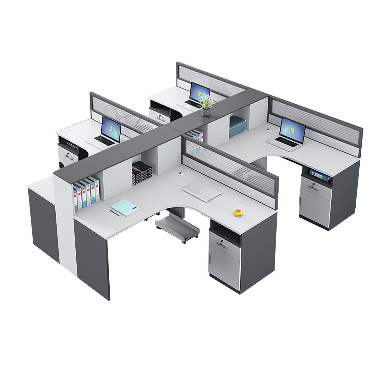 L-Shaped Employee Office Desk with Partition and Storage Cabinet ...