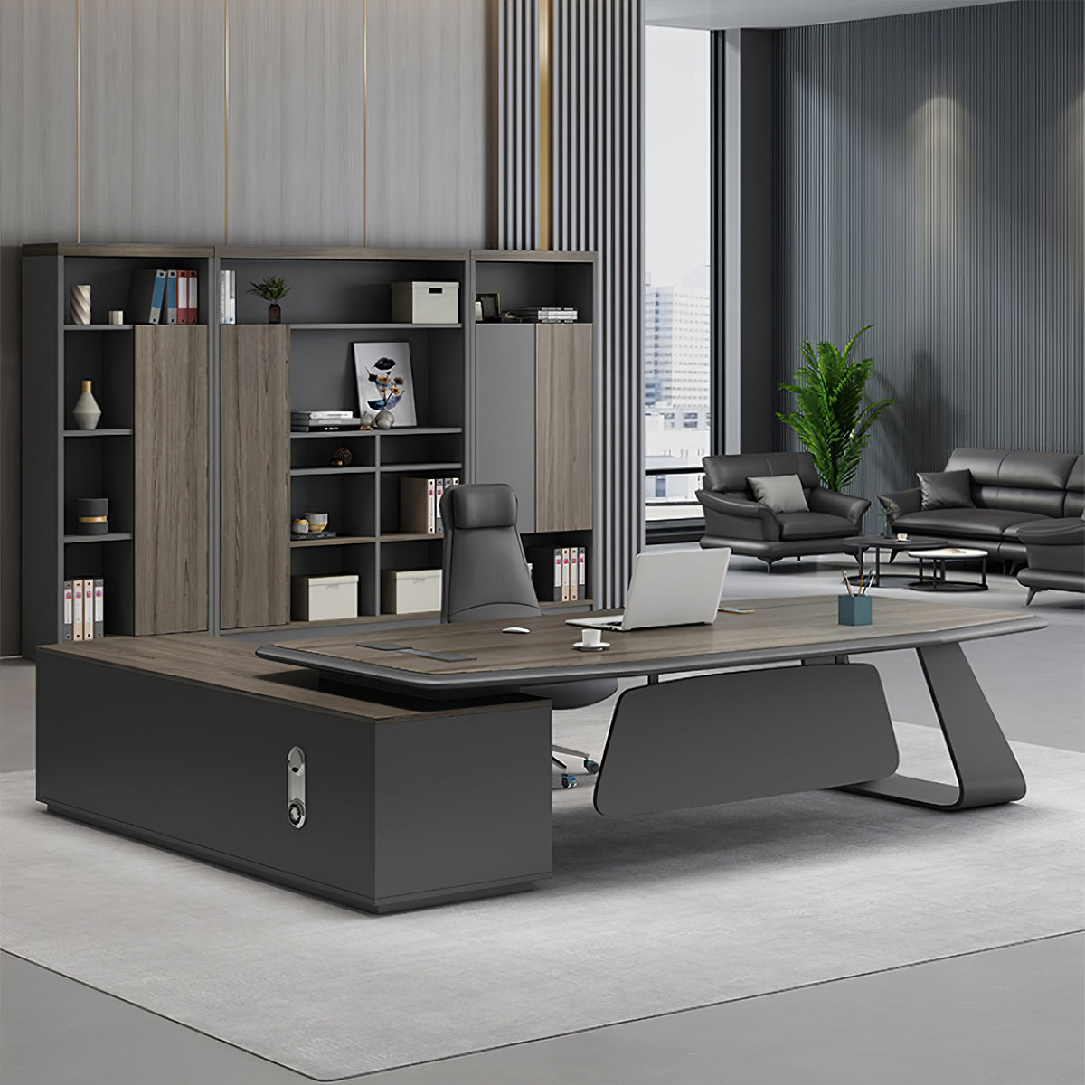 L-Shaped Executive Desk for Manager with File Cabinet and Power Outlet ...