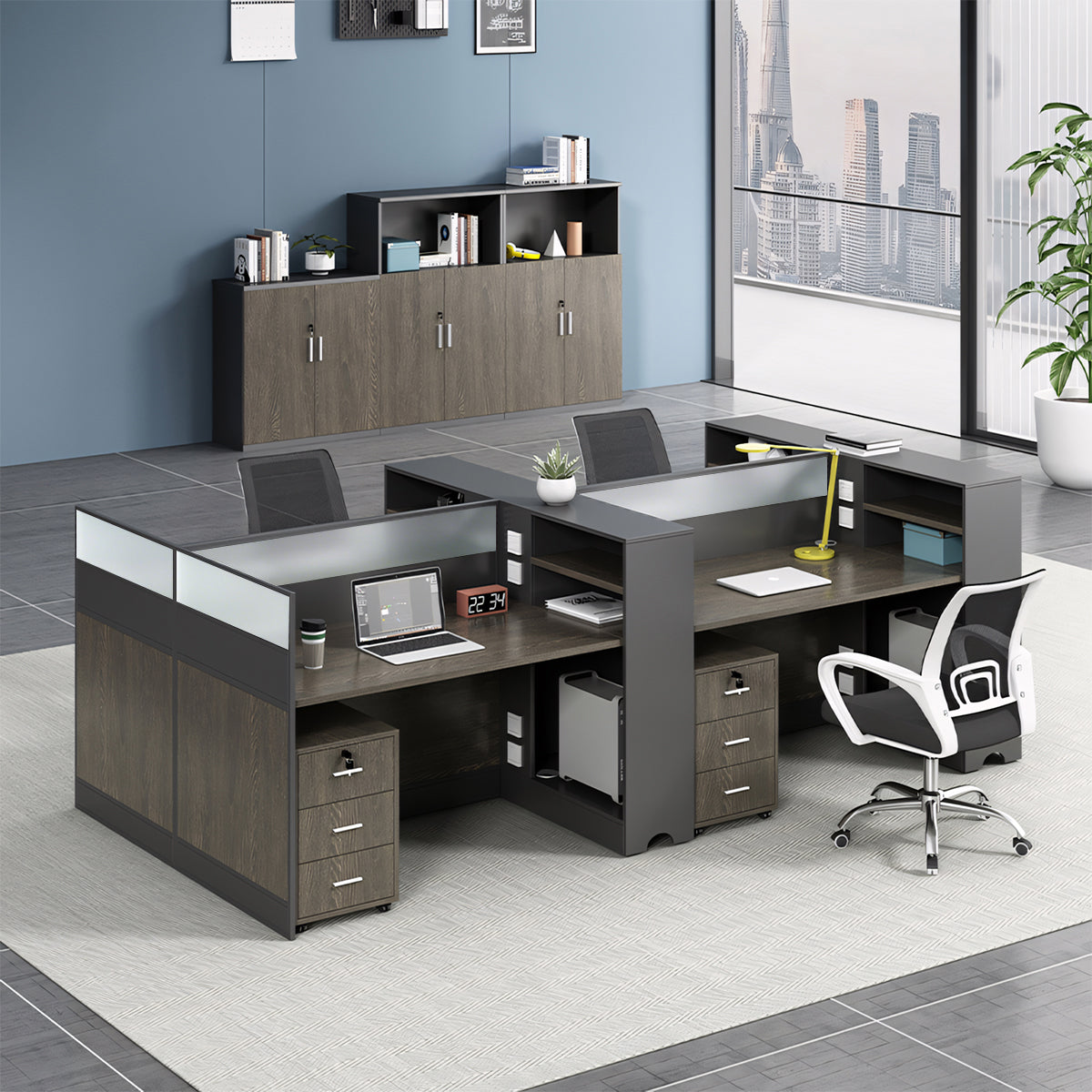Modern Employee Office Desk with Built-In Storage and Privacy Screen ...
