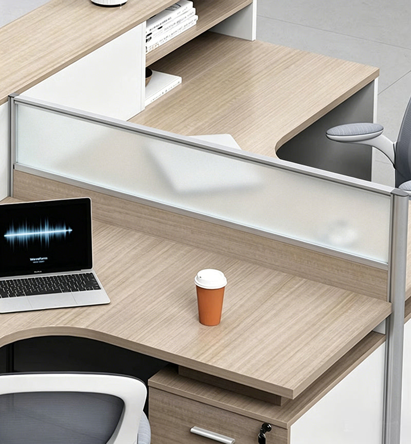 L-Shaped Corner Employee Office Desk with Built-In Cabinet & Screen ...