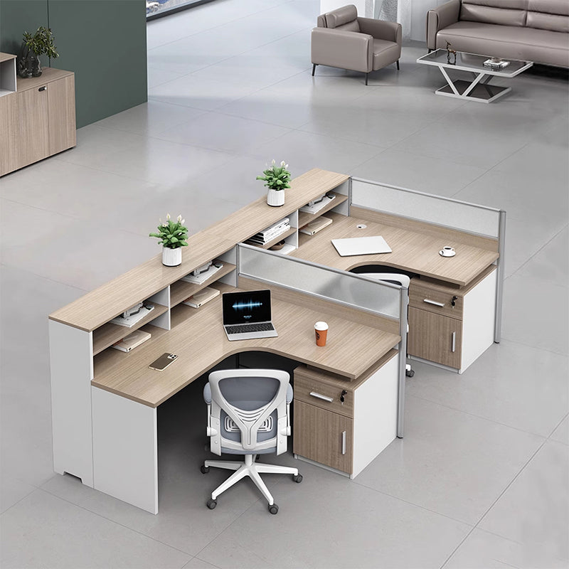 L-Shaped Corner Employee Office Desk with Built-In Cabinet & Screen ...