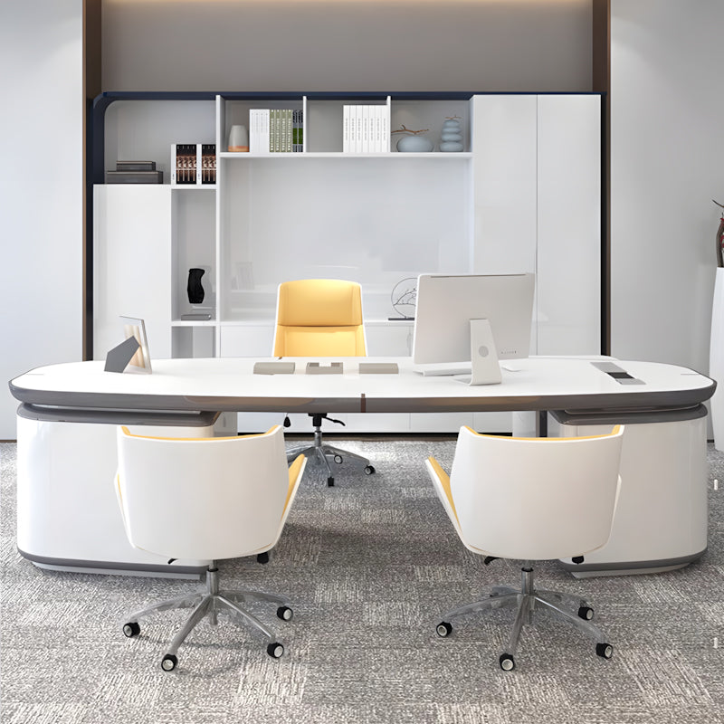White L-Shaped Executive Office Desk with Unique Oval Desktop Design ...